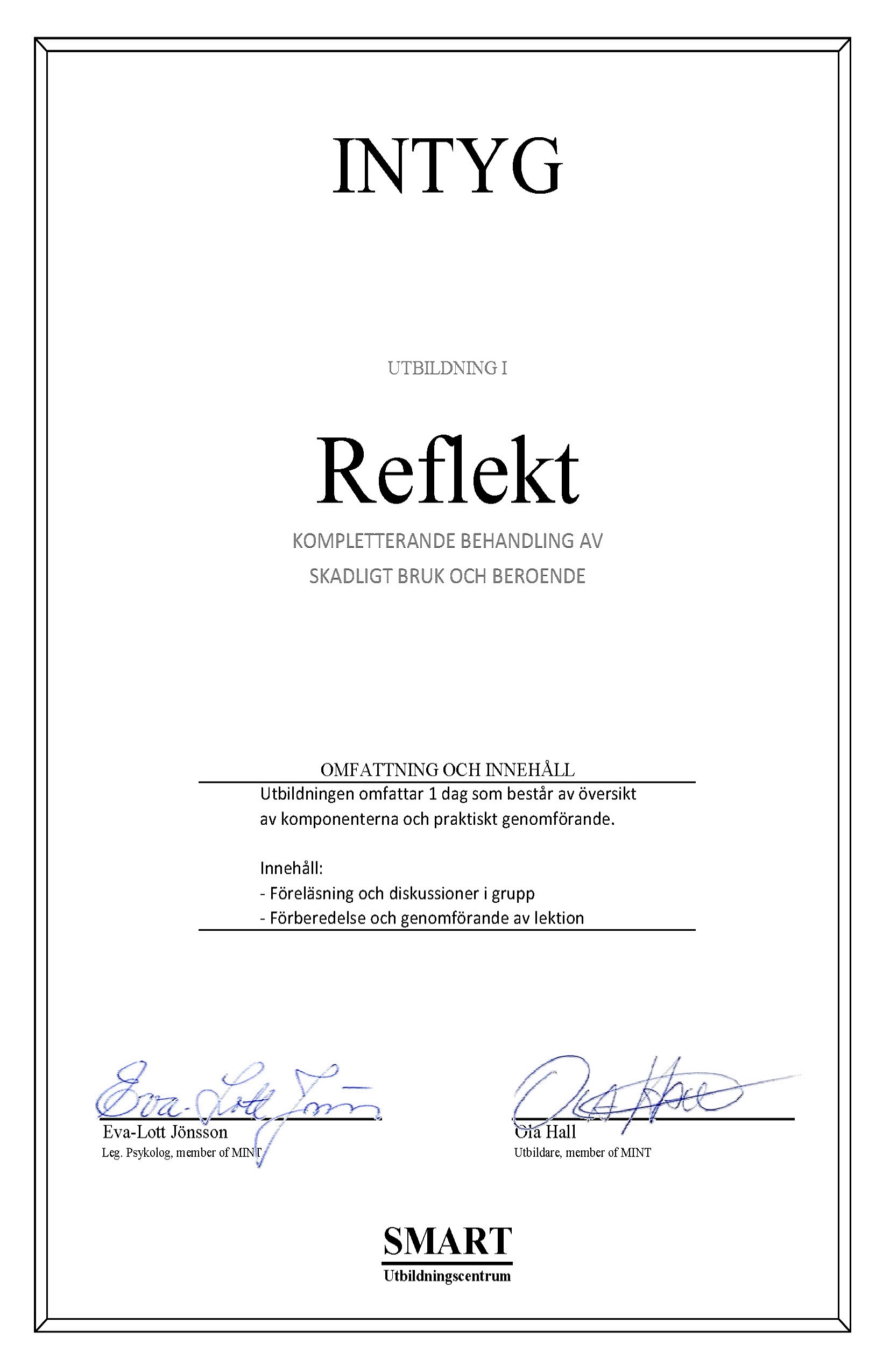 Intyg, Reflekt, pilot (utskrift) - SMART Utbildningscentrum
